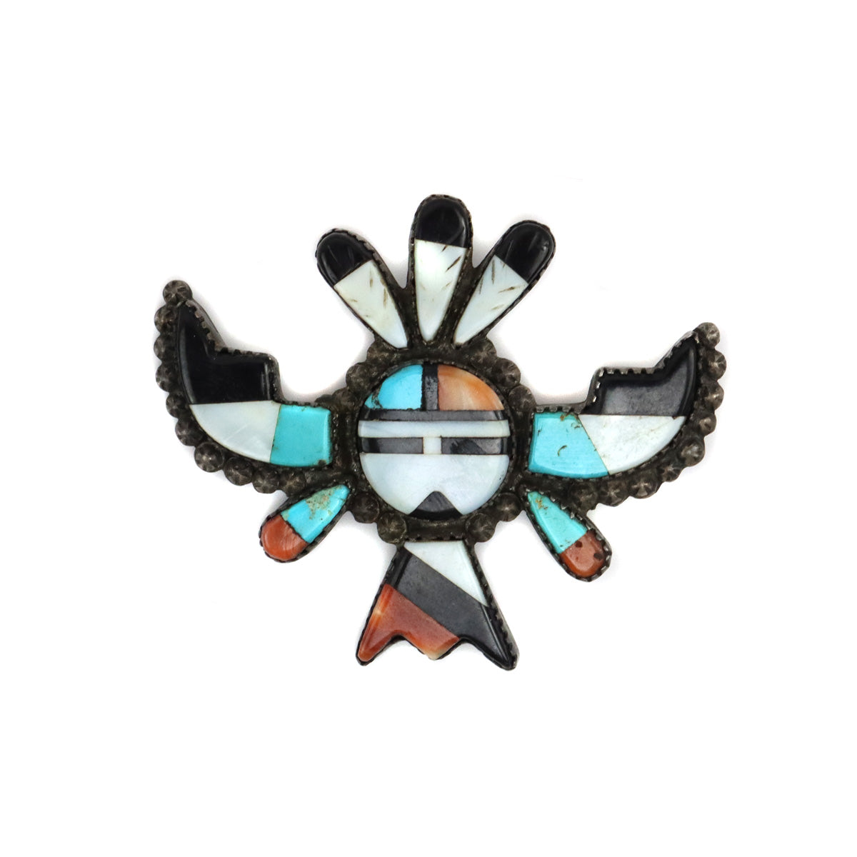 Zuni Multi-Stone Inlay and Silver Sunface Kachina Pin c. 1940s, 2.25"