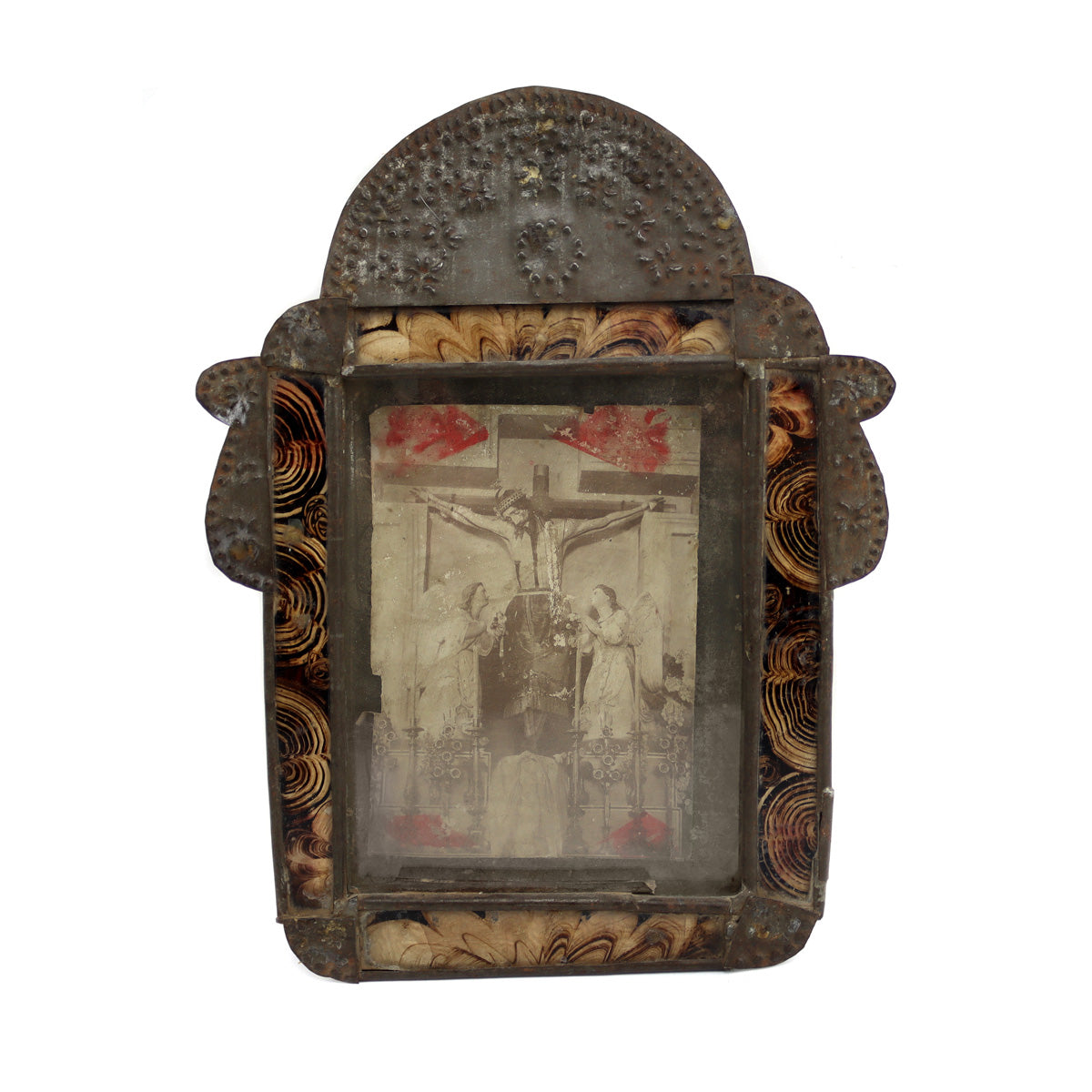 Spanish Colonial Crucifixion Retablo with Reverse Painted Frame, 10.25